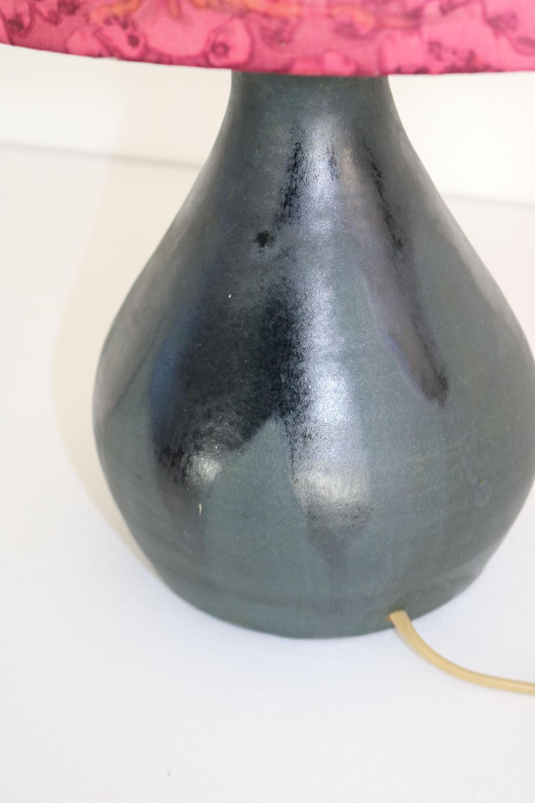 70s Table Lamp with Black Ceramic Base and a Silk Covered Lampshade For ...