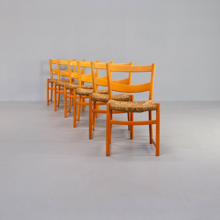 70s Teak and wicker dining chair set/6 For Sale at 1stDibs