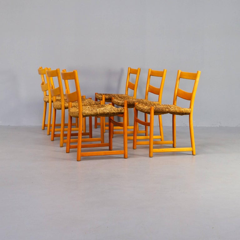 70s Teak and wicker dining chair set/6 For Sale at 1stDibs