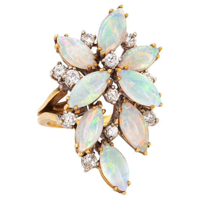 70s Vintage 4ct Opal Diamond Cluster Ring 14k Yellow Gold Estate Fine Jewelry For Sale at 1stDibs