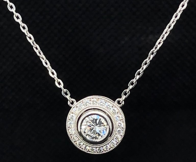 .71 Carat Total Diamond w/ Halo Platinum Bezel Pendant Chain Necklace ...
