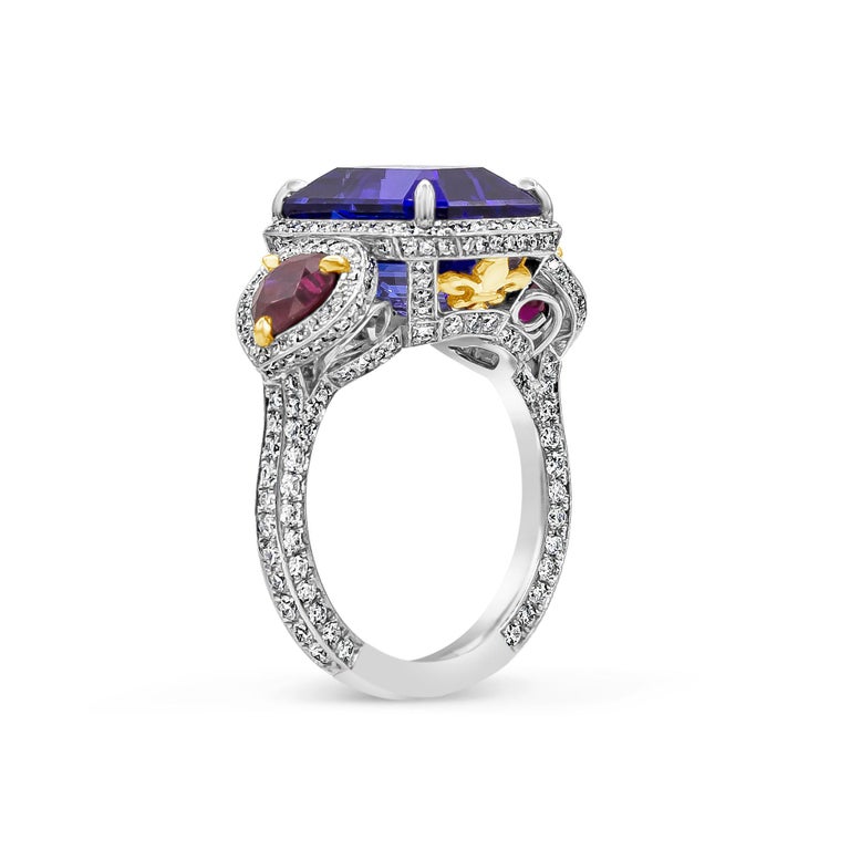 7.11 Carat Tanzanite, Ruby and Diamond Three-Stone Cocktail Ring at 1stDibs