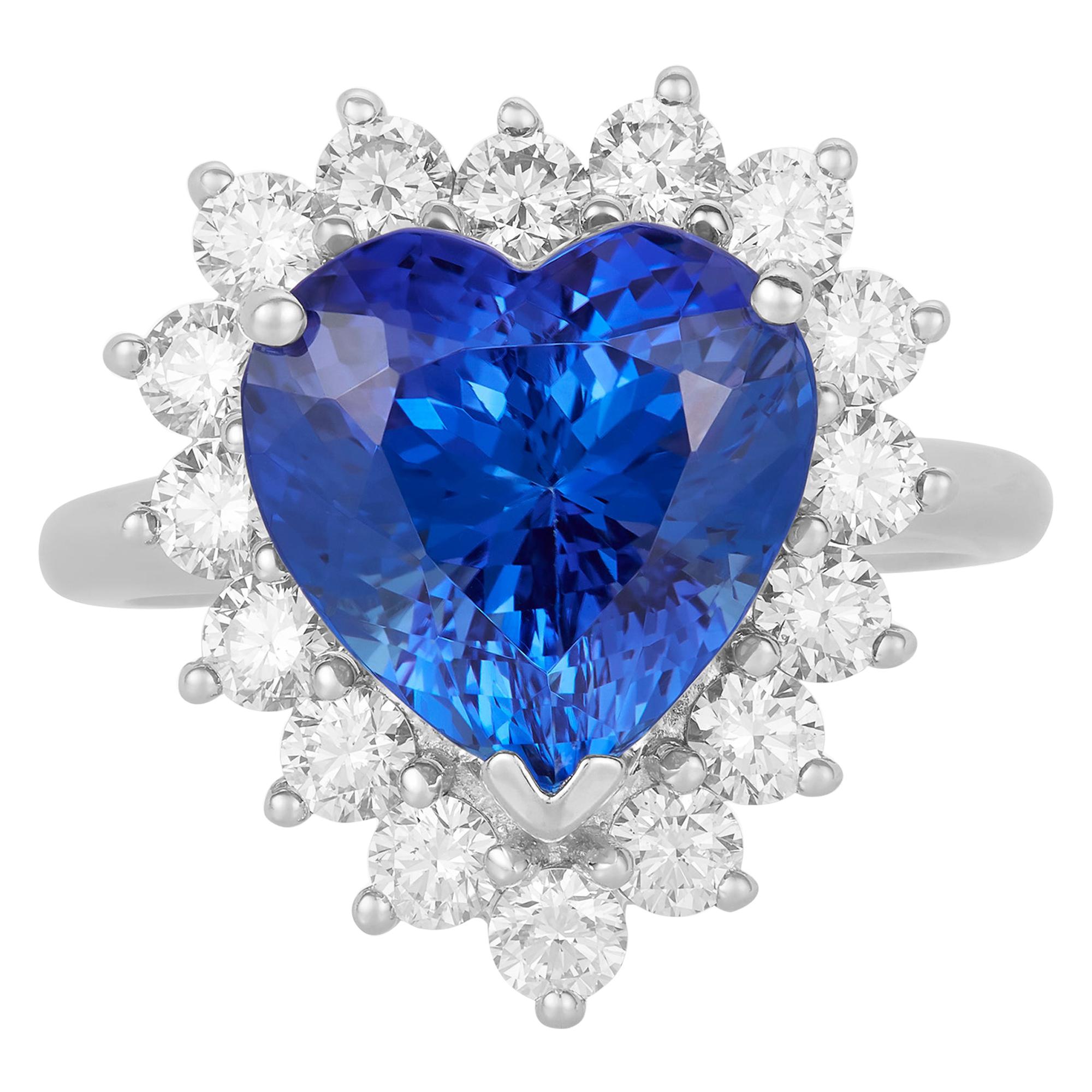 18k White Gold 5.90ct Heart Shape Tanzanite Ring with 1.66ct Diamonds ...