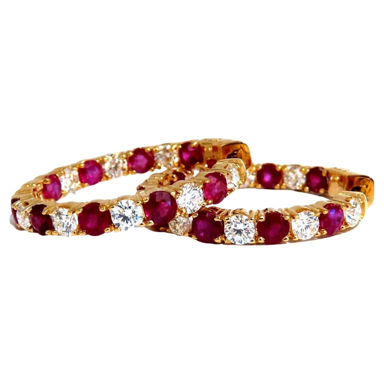 7.19ct Natural Ruby Diamonds Hoop Earrings 14kt Yellow Gold Inside Out ...