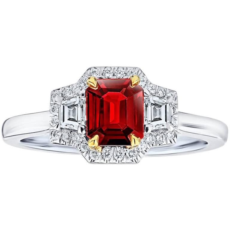 .72 Carat Emerald Cut Natural No Heat Ruby and Diamond Platinum and 18k ...