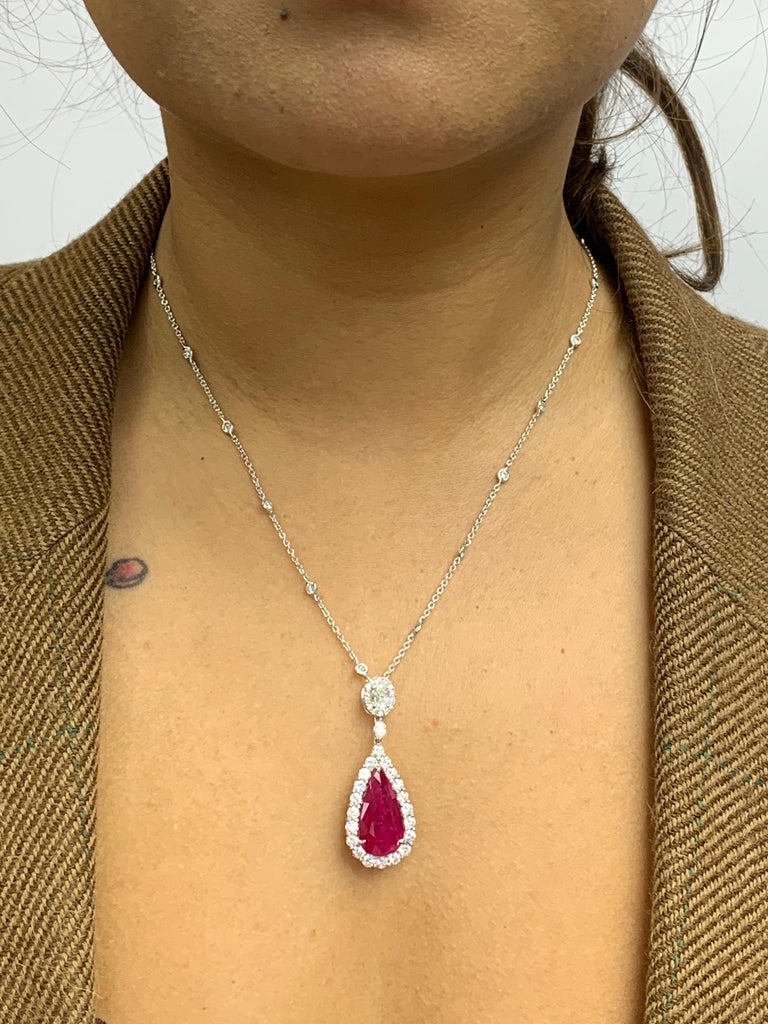 7.20 Carat Pear Shape Ruby and Diamond Halo Drop Necklace in 18K White ...