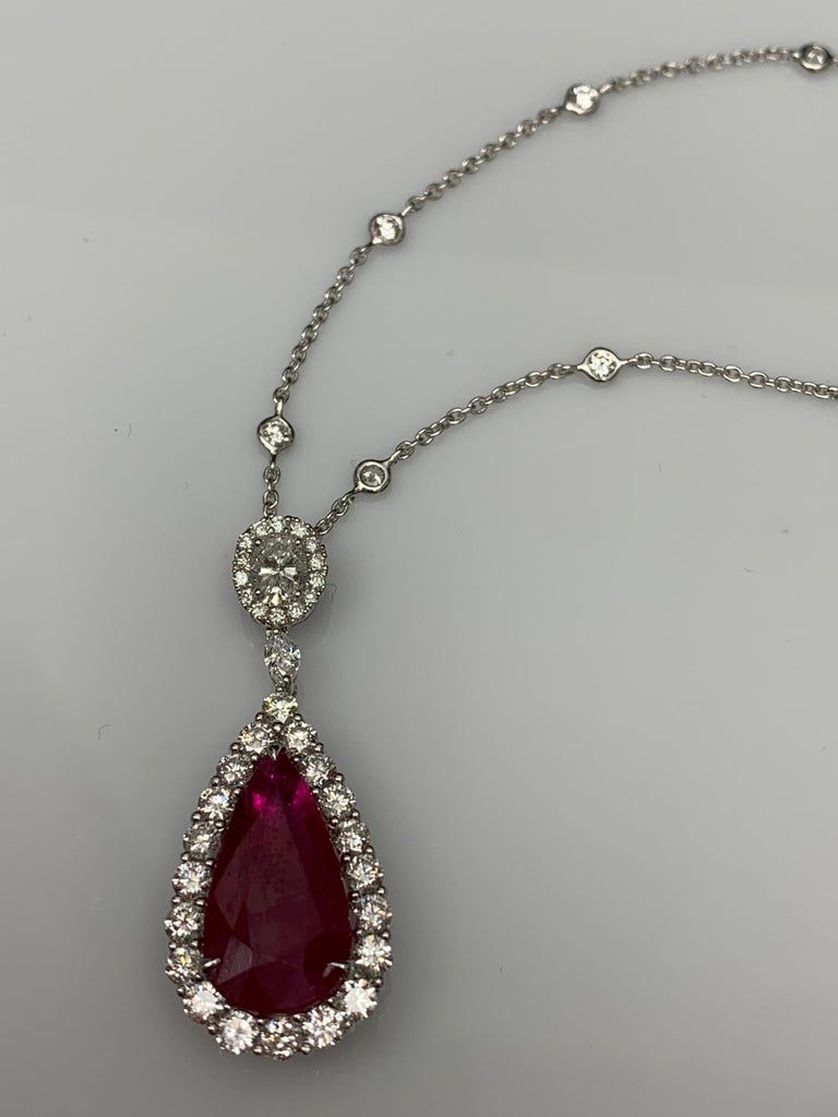7.20 Carat Pear Shape Ruby and Diamond Halo Drop Necklace in 18K White ...