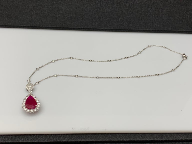 7.20 Carat Pear Shape Ruby and Diamond Halo Drop Necklace in 18K White ...