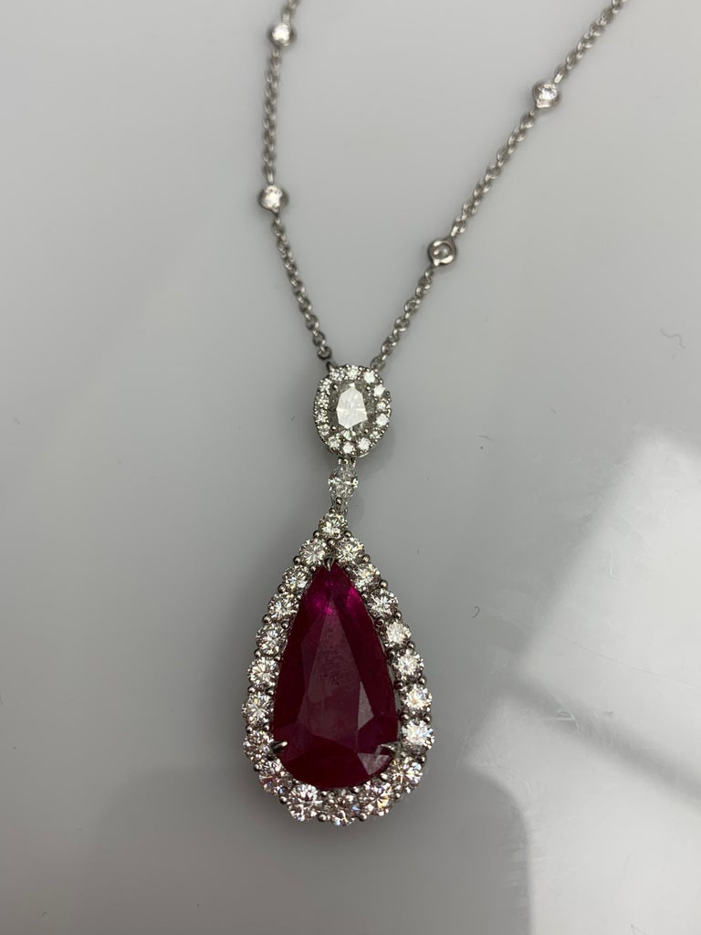 7.20 Carat Pear Shape Ruby and Diamond Halo Drop Necklace in 18K White ...