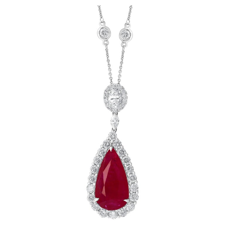 7.20 Carat Pear Shape Ruby and Diamond Halo Drop Necklace in 18K White ...