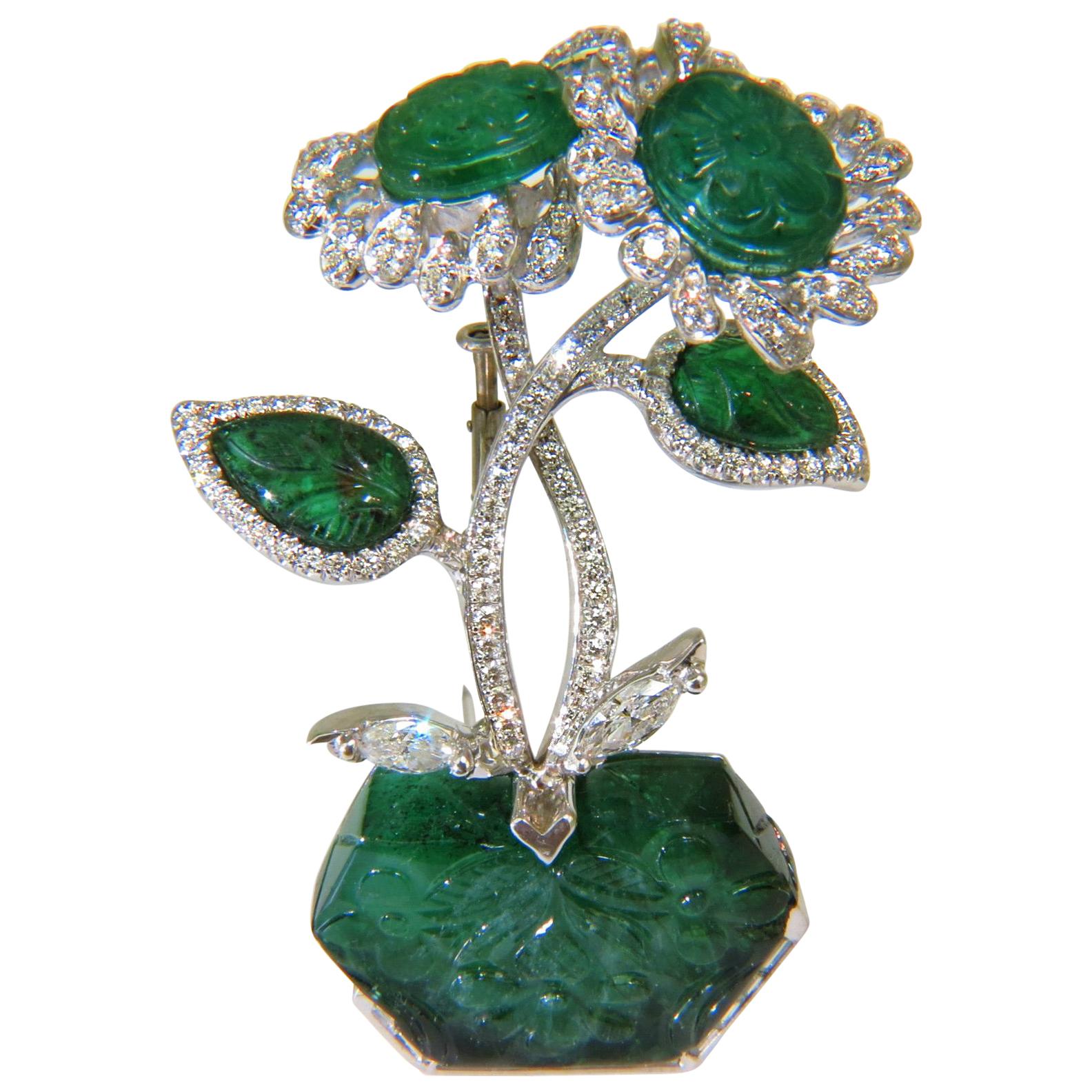 72.96 Carat Venus Fly Trap Natural Emerald Diamonds Brooch 18 Karat at ...