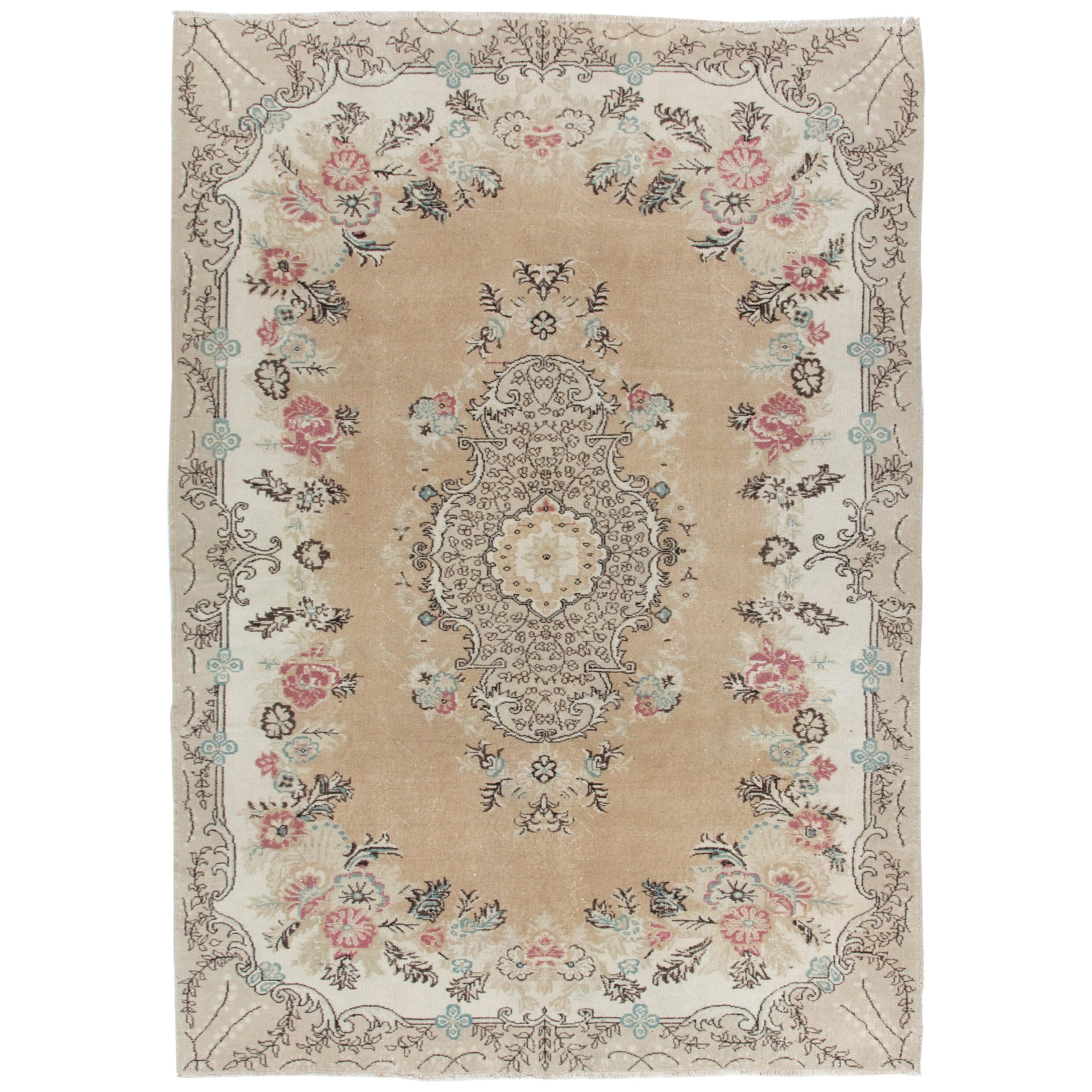 7.1 x 9.5 Ft Vintage French Aubusson Design Floral Rug in Teal Blue ...