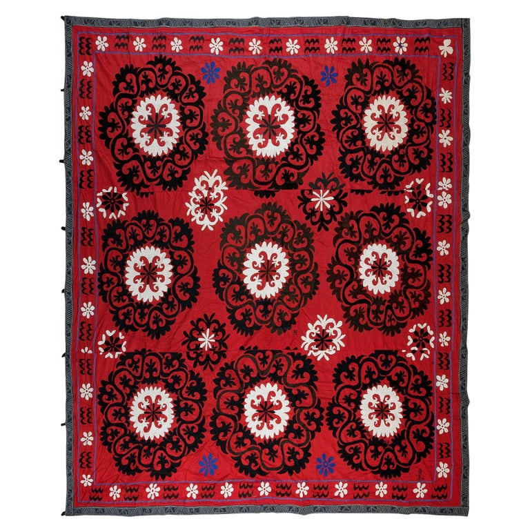 Vintage Silk Embroidery Bed Cover, Uzbek Suzani Wall Hanging in Red For ...