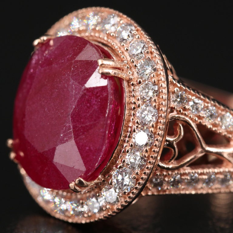 Customizable 6.2 Carat Halo Ruby Rose Gold Wedding Band Art Deco Ruby Diamond Cocktail Ring For ...
