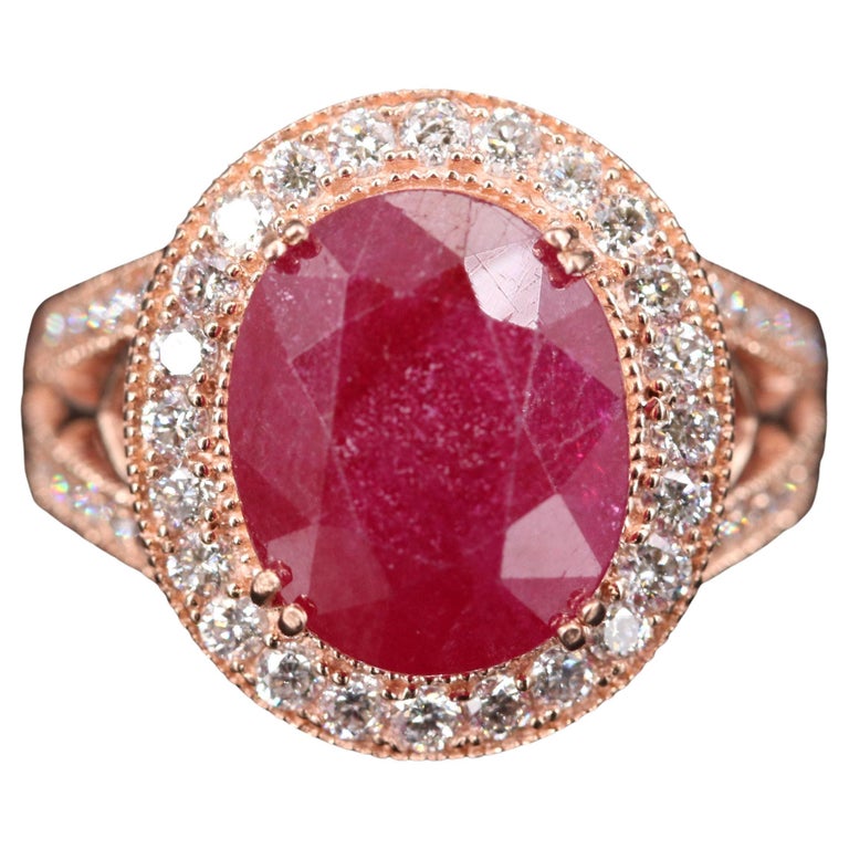 Customizable 6.2 Carat Halo Ruby Rose Gold Wedding Band Art Deco Ruby Diamond Cocktail Ring For ...