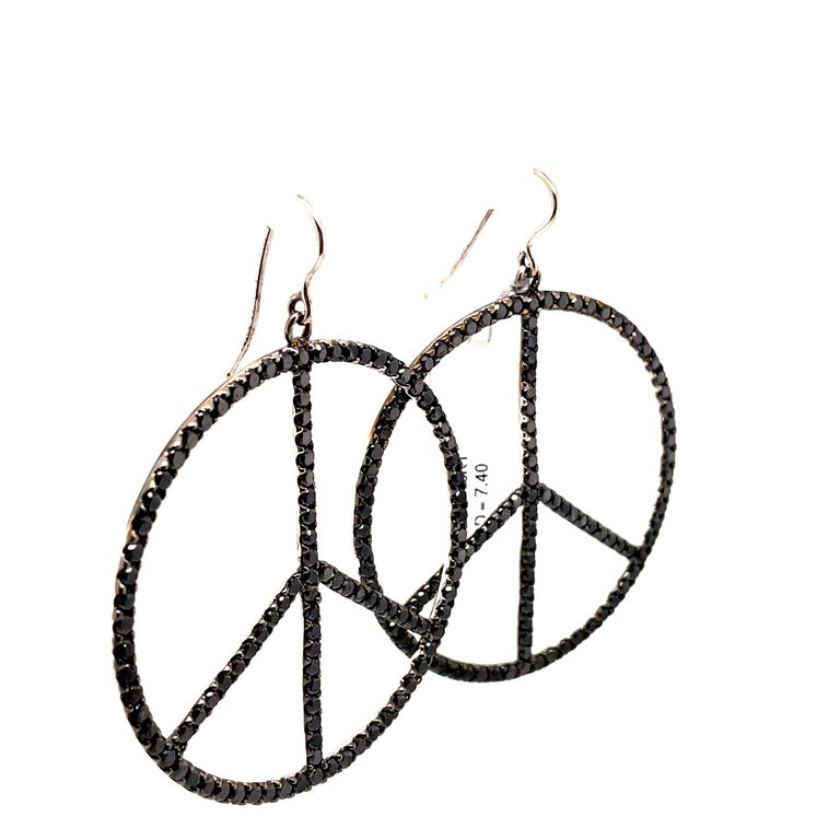 7.40ct Black Diamond Peace Sign Drop Earrings 18k White Gold For Sale ...
