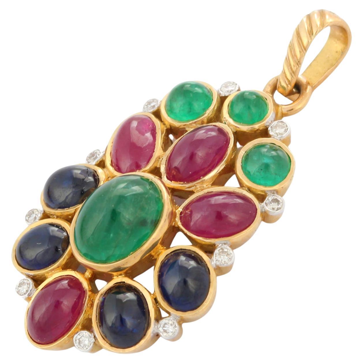 Ruby Sapphire Emerald Diamond Vine Pendant Necklace 18k Yellow Gold For ...