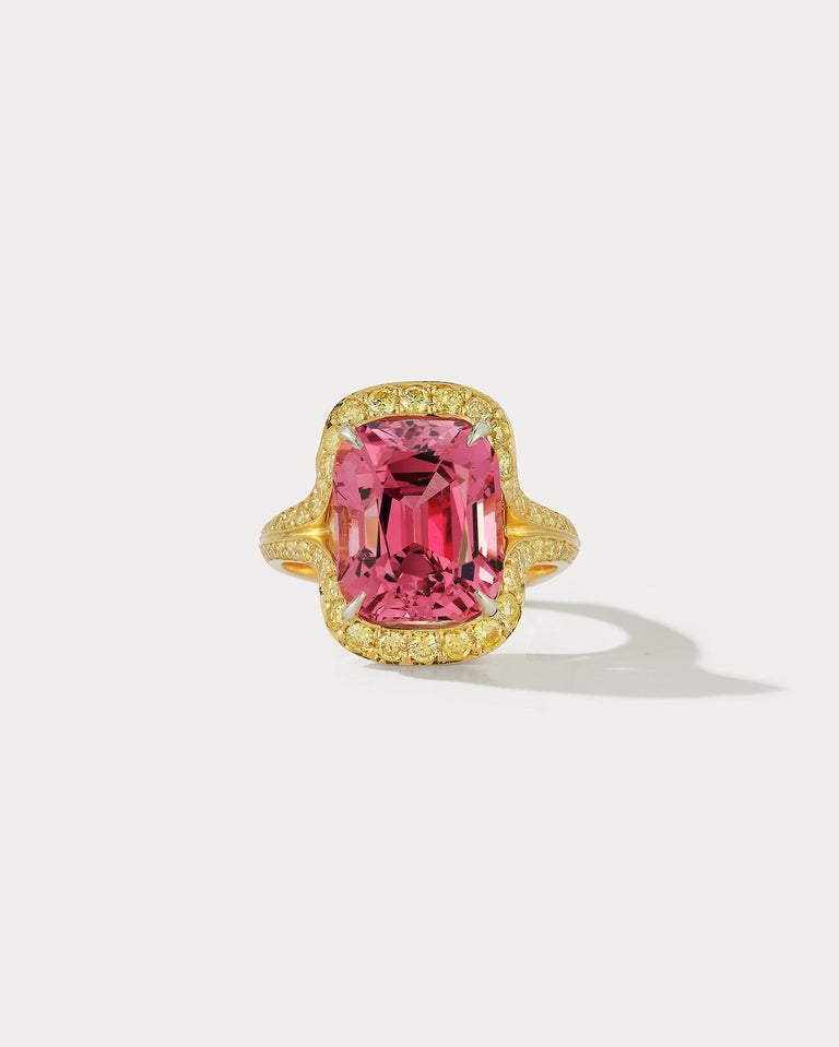 7.49 Carat Peachy Pink Spinel Ring with .94 Carats of Intense Yellow ...