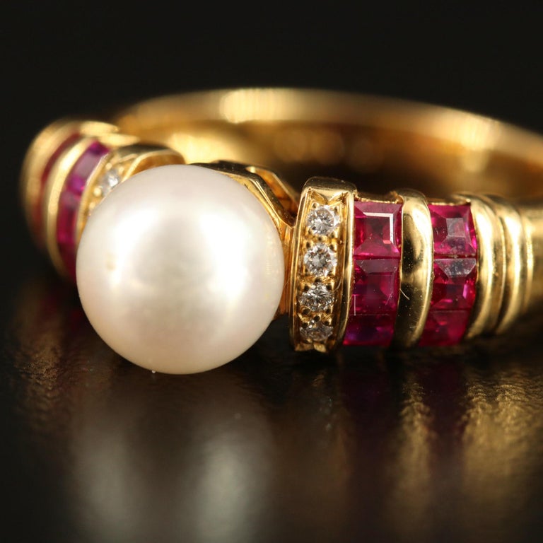 Customizable Pearl Ruby Engagement Ring Modern Wedding Band with ...