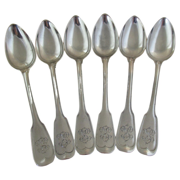 750 Silver Set of 6 Fiddle and Thread Large Teaspoons European For Sale ...