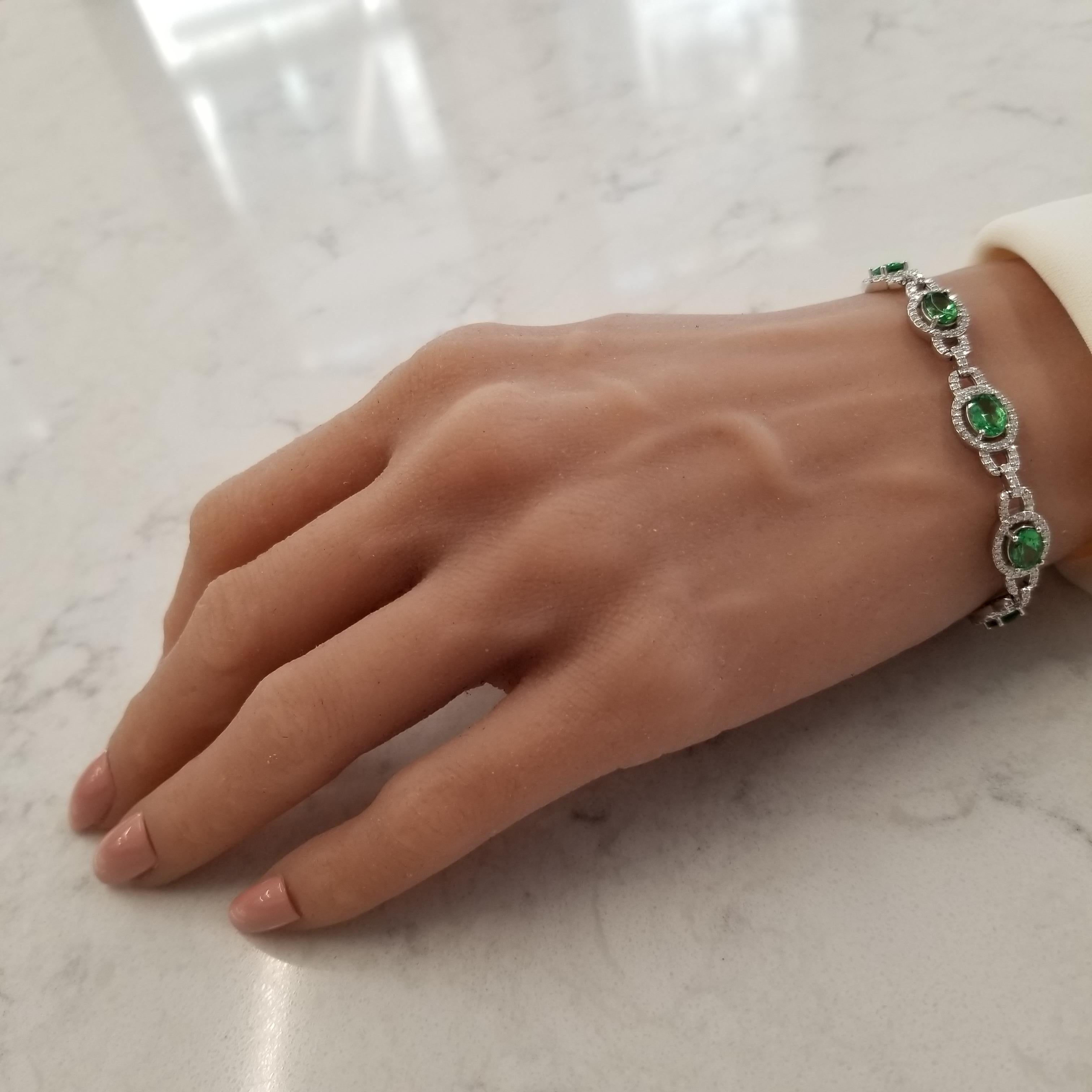 7.53 Carat Total Oval Tsavorite and Diamond Bracelet in 14 Karat White ...