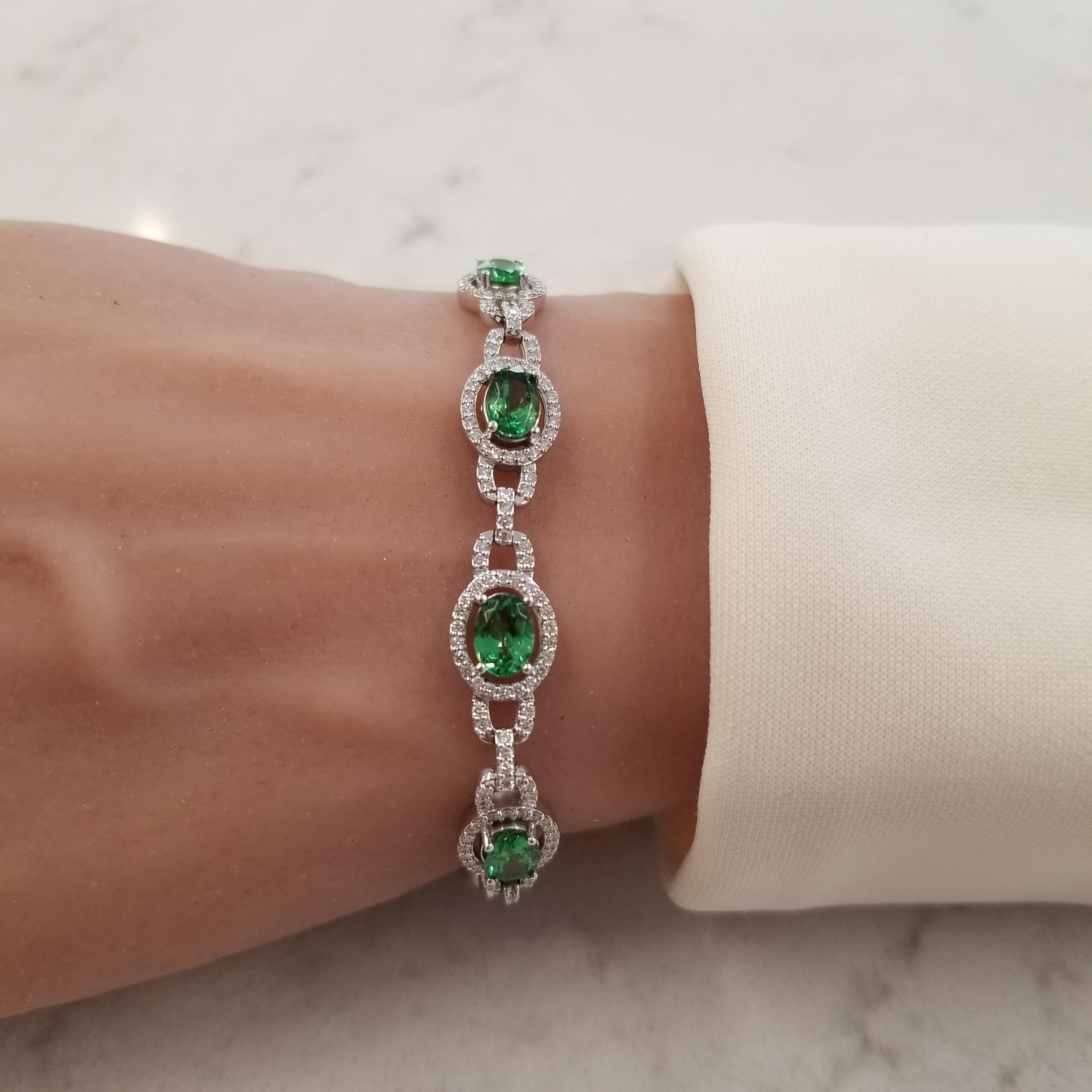 7.53 Carat Total Oval Tsavorite and Diamond Bracelet in 14 Karat White ...