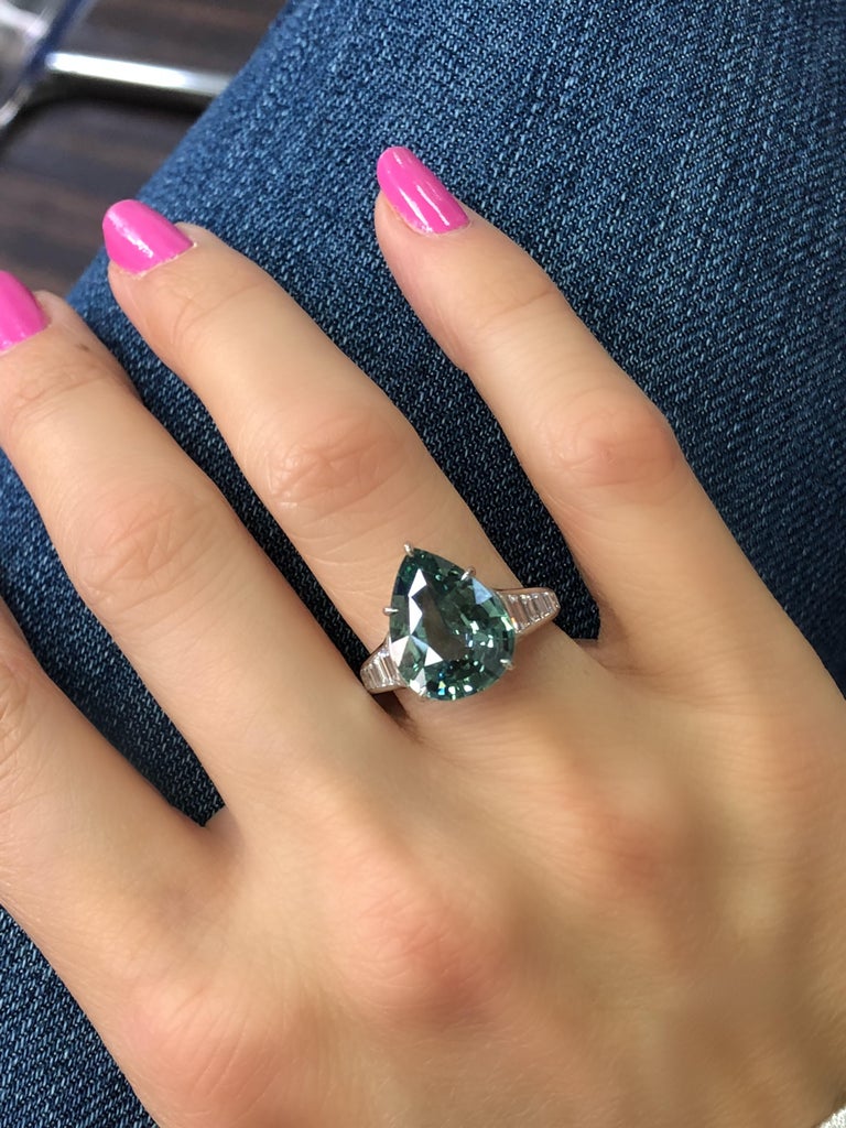 7.57 Carat Pear Shape Green Sapphire and Diamond Ring at 1stDibs