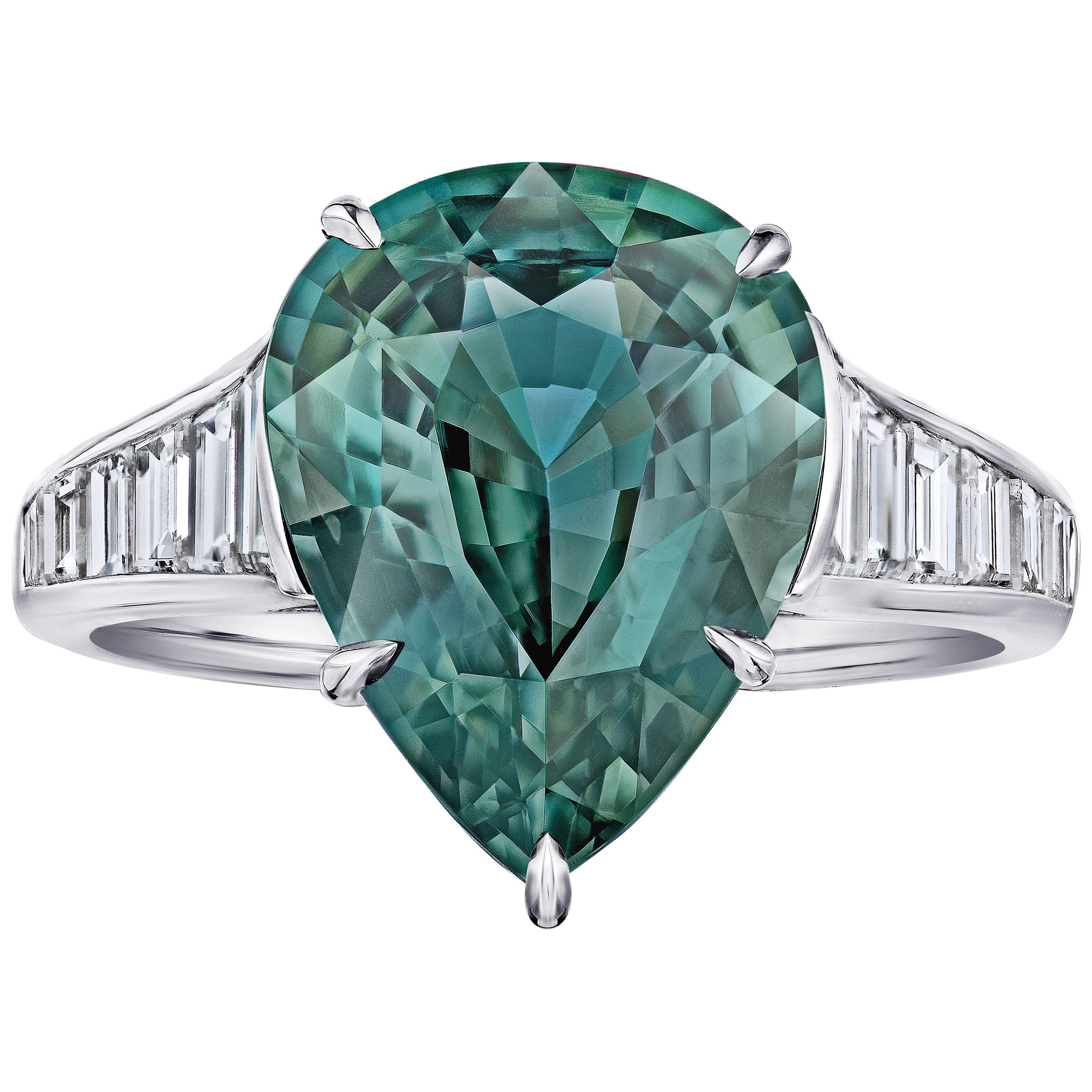 7.57 Carat Pear Shape Green Sapphire and Diamond Ring at 1stDibs