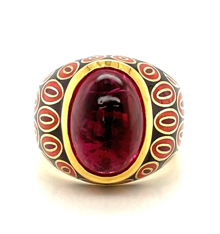 7.60 ct. Rubellite Tourmaline Cabochon Oval and Enamel 18k Gold Bezel ...