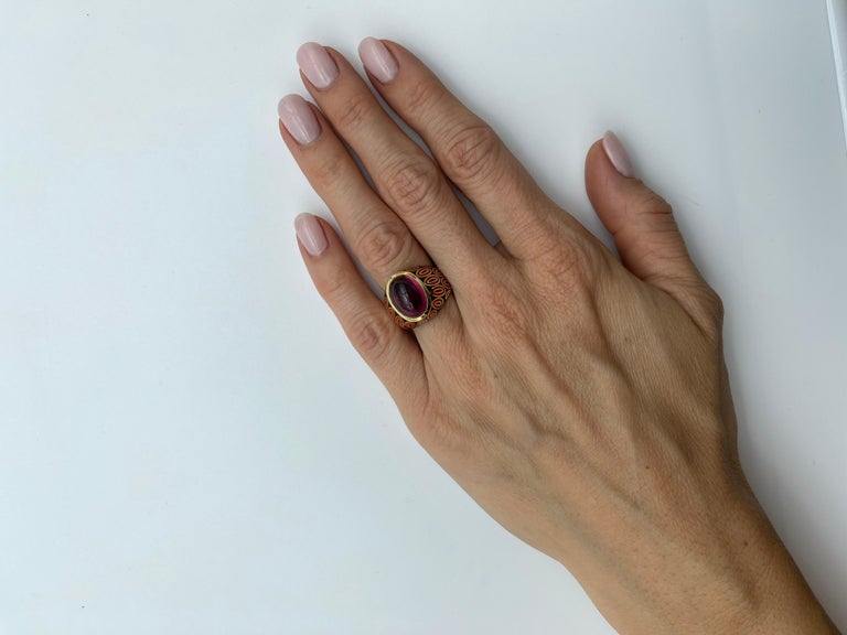 7.60 ct. Rubellite Tourmaline Cabochon Oval and Enamel 18k Gold Bezel ...