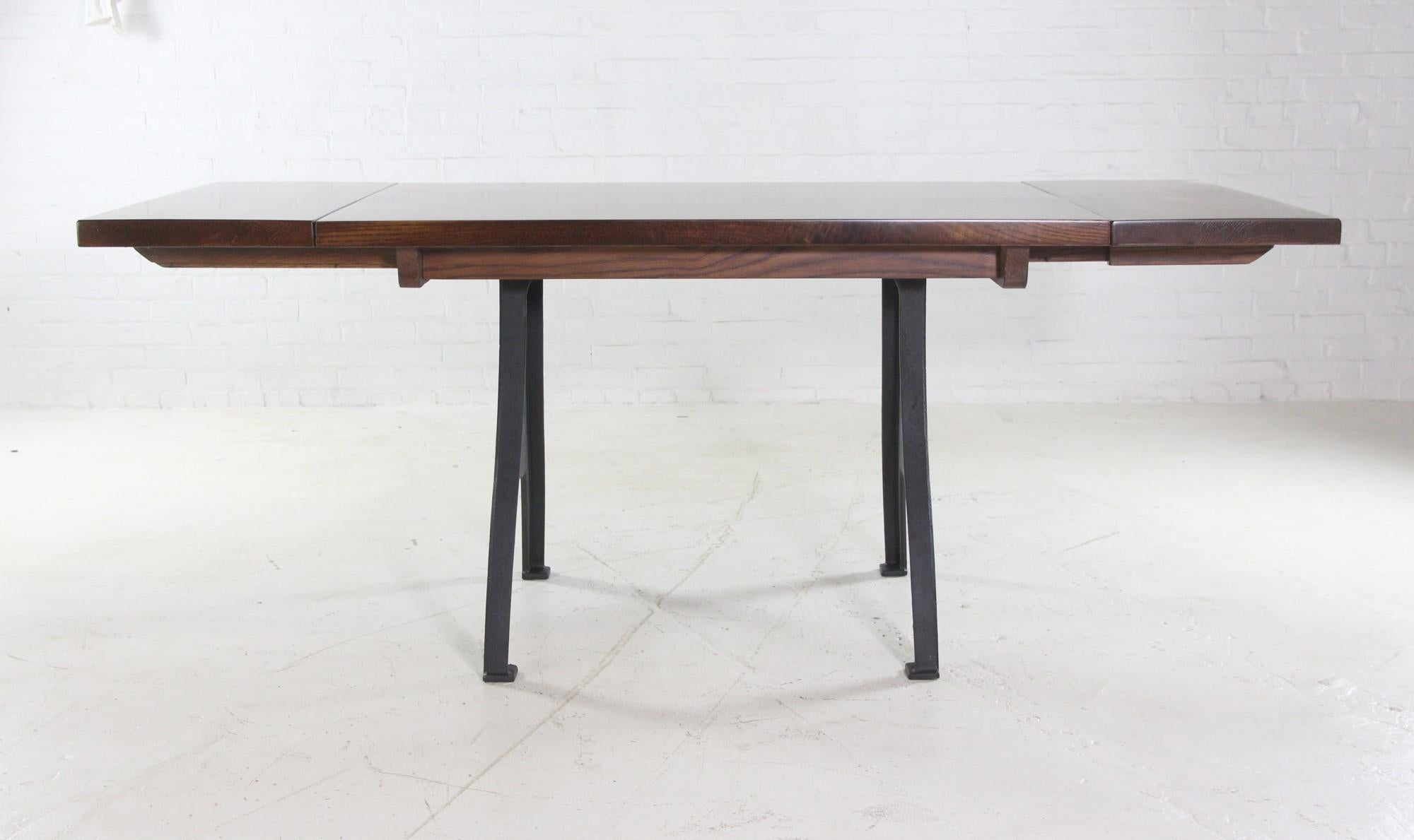 Provincial Stain Oak Dining Table Cast Iron Legs and Extensions For ...
