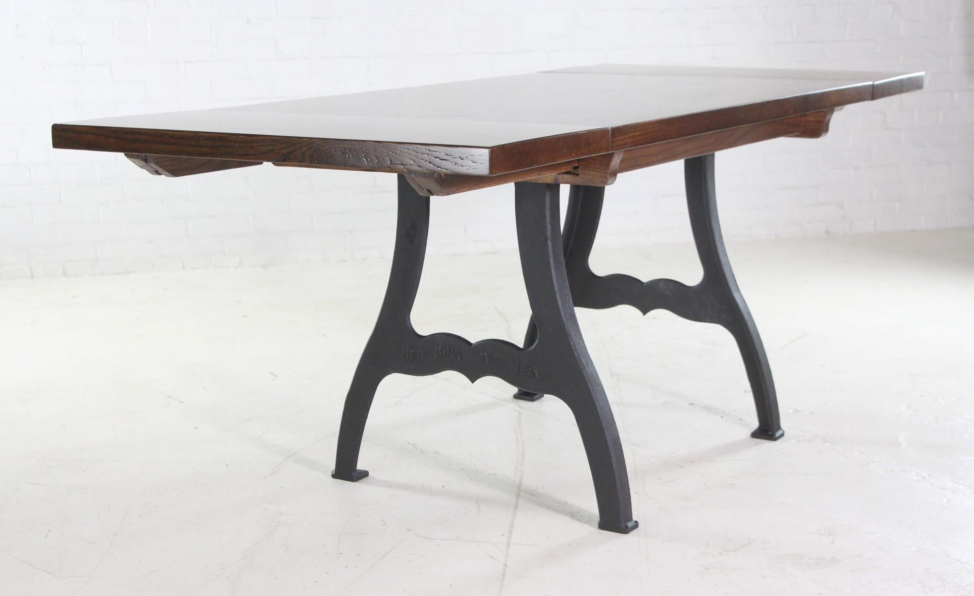 Provincial Stain Oak Dining Table Cast Iron Legs and Extensions For ...