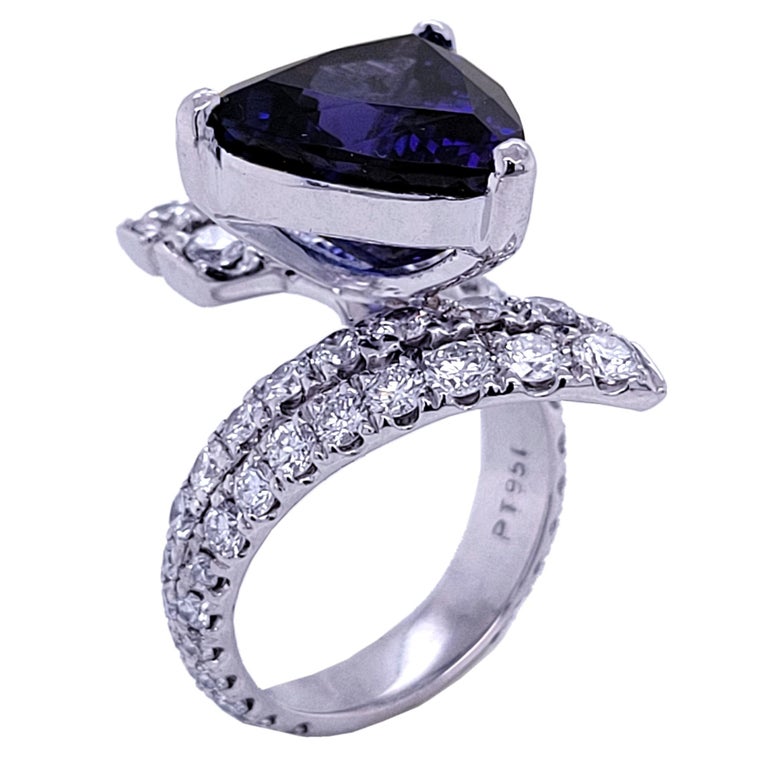 7.70Ct GIA Triangular Shaped Tanzanite Pave Set Bypass Engagement Ring ...
