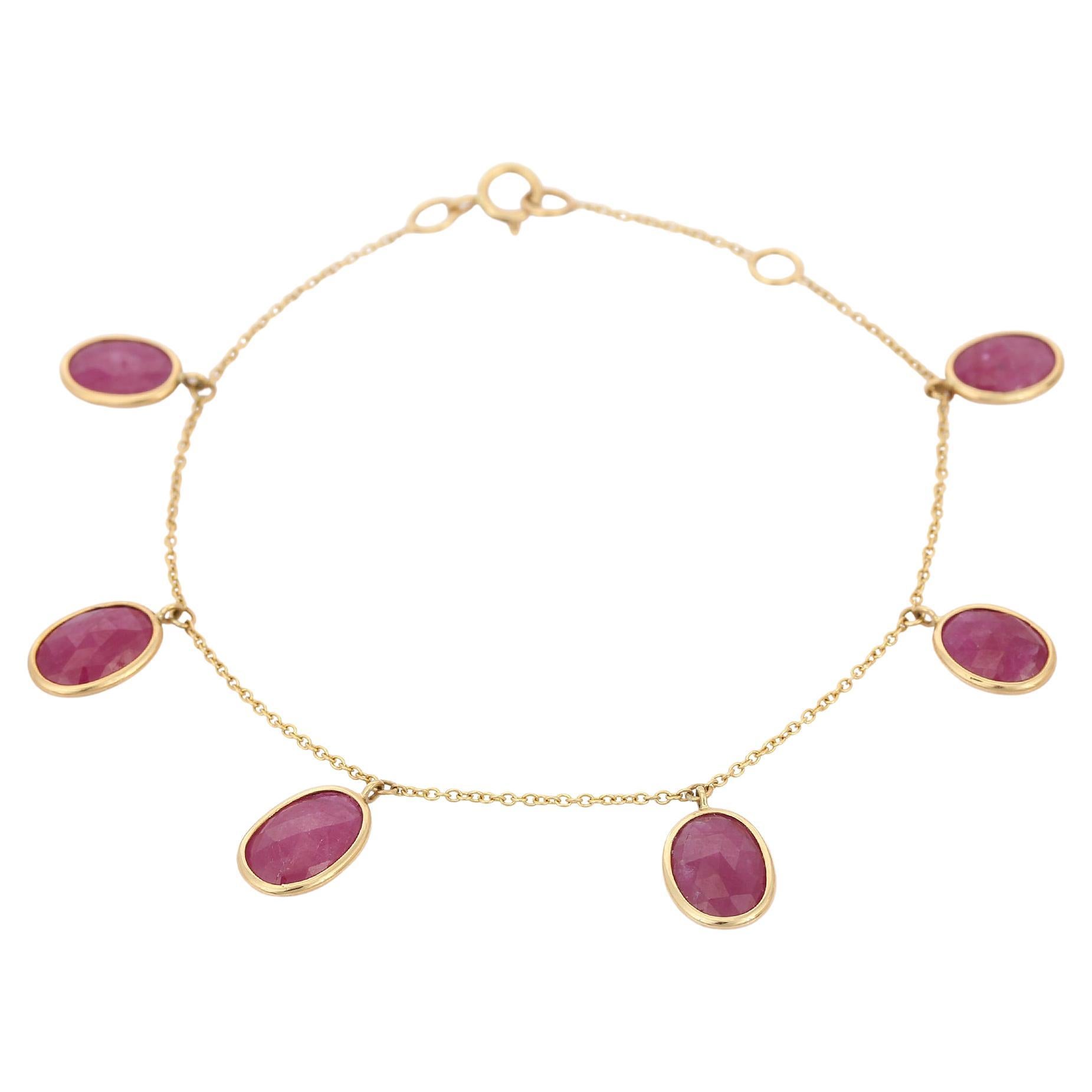 18K Yellow Gold Chain Bracelet with Dangling Ruby Diamond Charm For ...