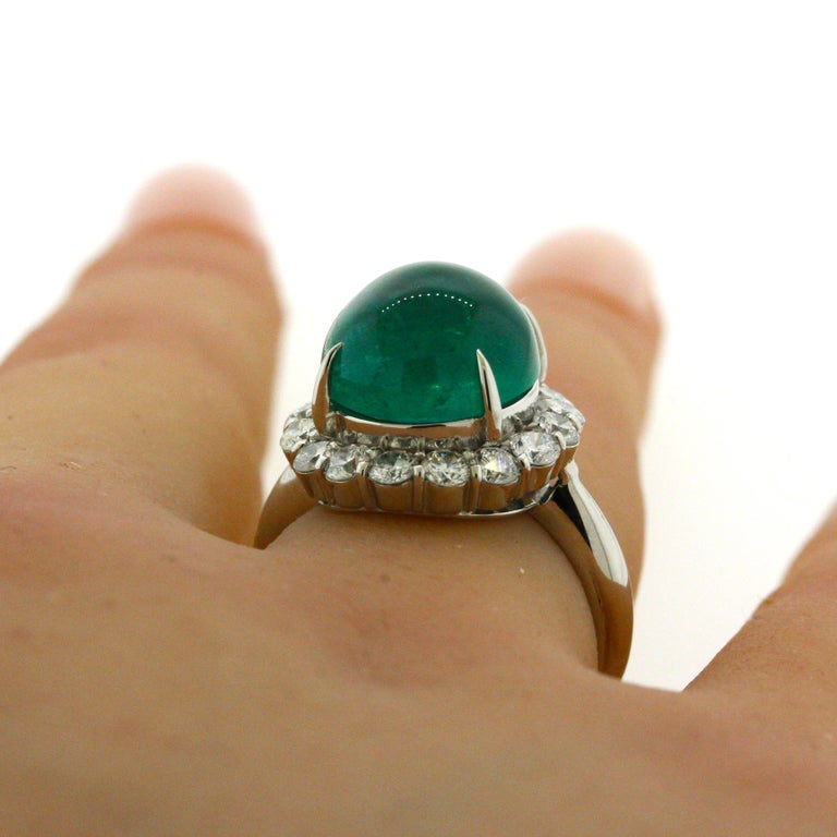 7.78 Carat Gem Cabochon Emerald Diamond Platinum Ring For Sale at 1stDibs