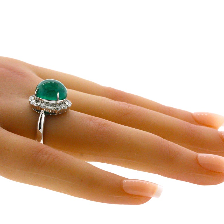 7.78 Carat Gem Cabochon Emerald Diamond Platinum Ring For Sale at 1stDibs