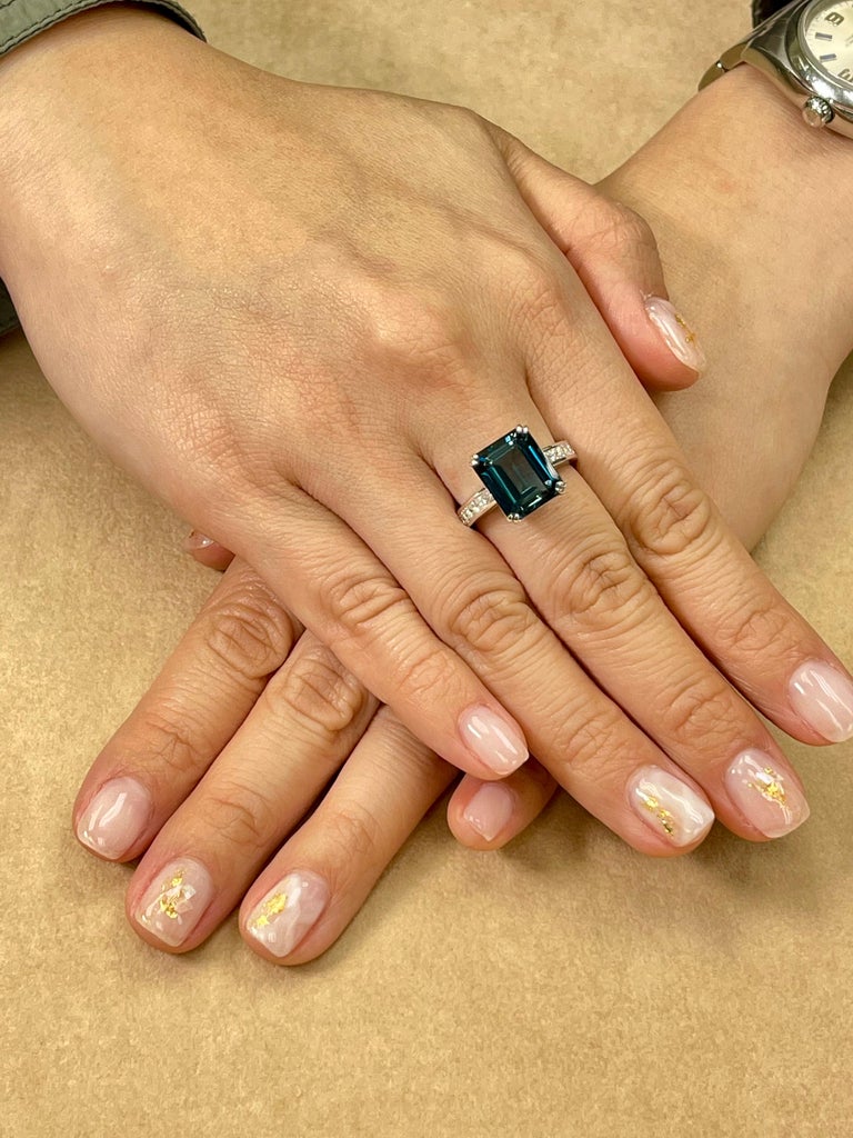 7.81 Carat Emerald Step Cut London Blue Topaz and Diamond Cocktail Ring ...