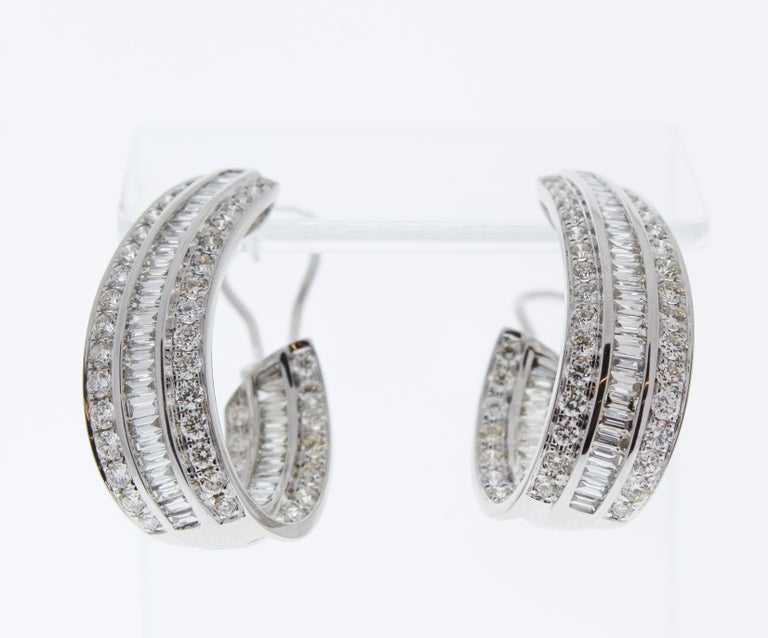 7.85 Carat total Diamond In and Out J Hoops Earrings in 18K White Gold ...