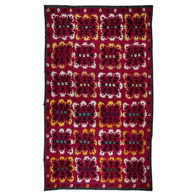 Vintage Silk Hand Embroidery Bed Cover, Uzbek Suzani Textile Throw For ...