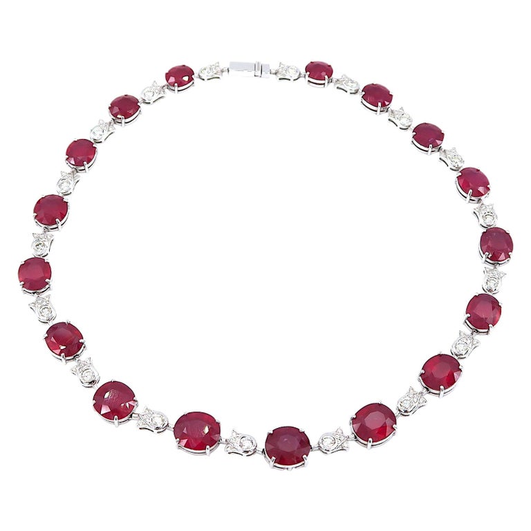 79 Carat Oval Ruby and Diamond Floral Motif White Gold Necklace and ...