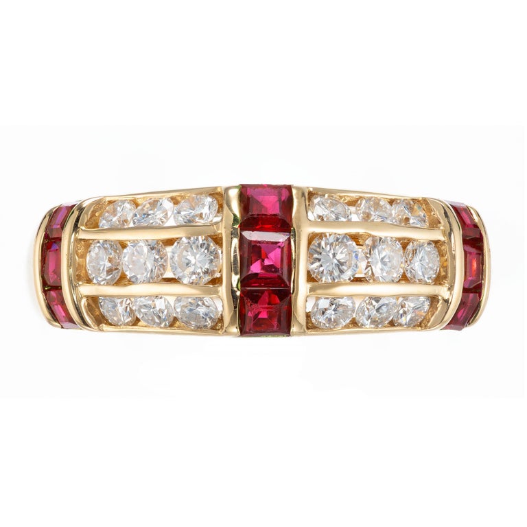 .79 Carat Ruby Diamond Yellow Gold Three-Row Band Ring at 1stDibs