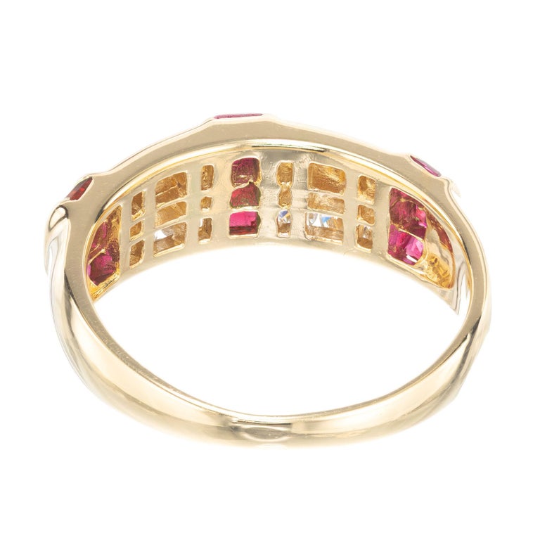 .79 Carat Ruby Diamond Yellow Gold Three-Row Band Ring at 1stDibs