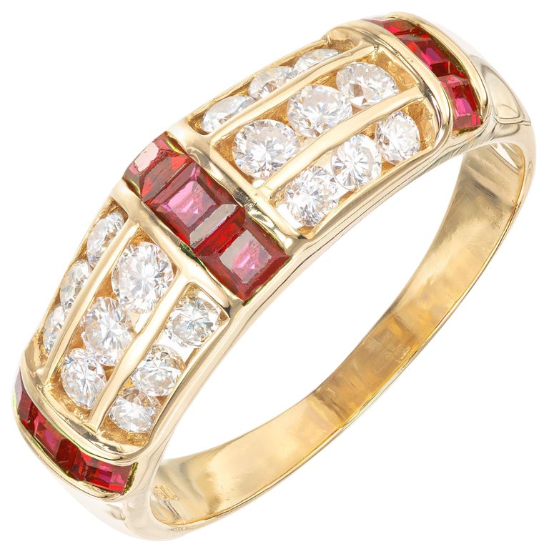 .79 Carat Ruby Diamond Yellow Gold Three-Row Band Ring at 1stDibs