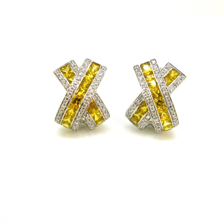 7 Carat Yellow Sapphires Diamonds White Gold Modern X Shape Earrings ...