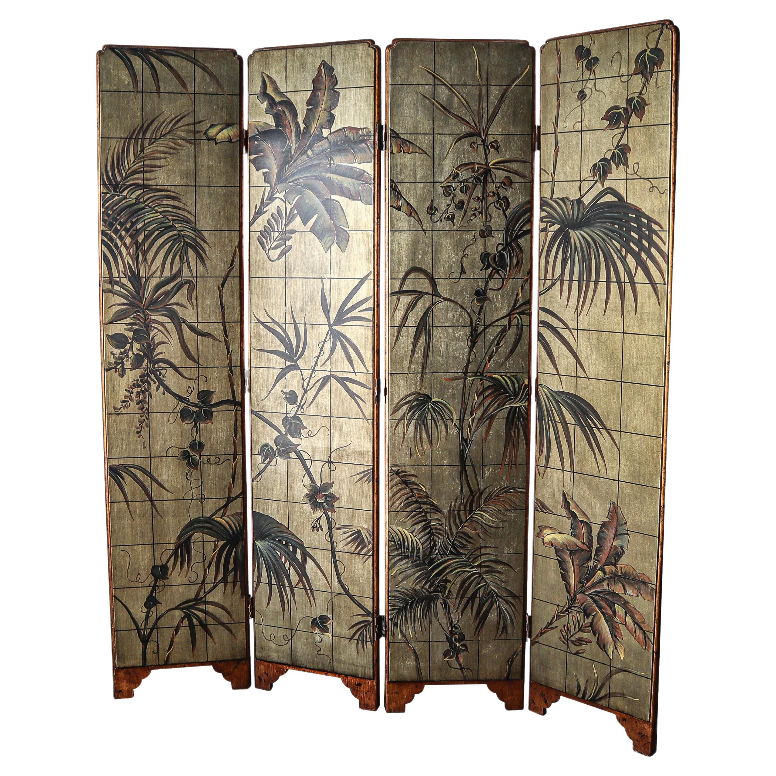96" Art Deco Style Hand-Painted Four Panel Screen For Sale at 1stDibs