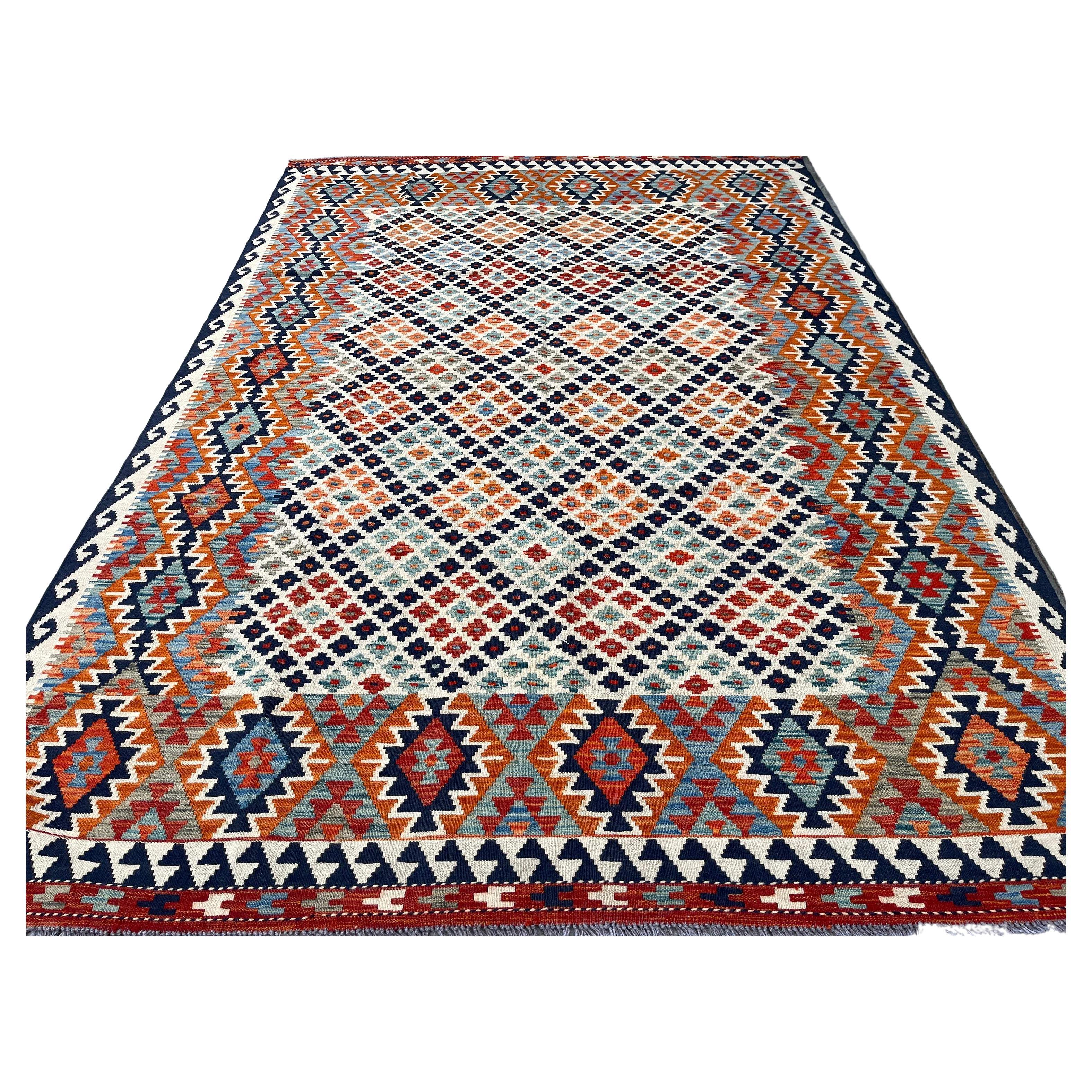 Modern Afghan Kilim Style Rug with Colored Stripes on Beige Field For ...