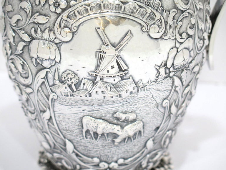 8 7/8 in - European Silver Antique Dutch Scenery Flowers Birds Repousse ...