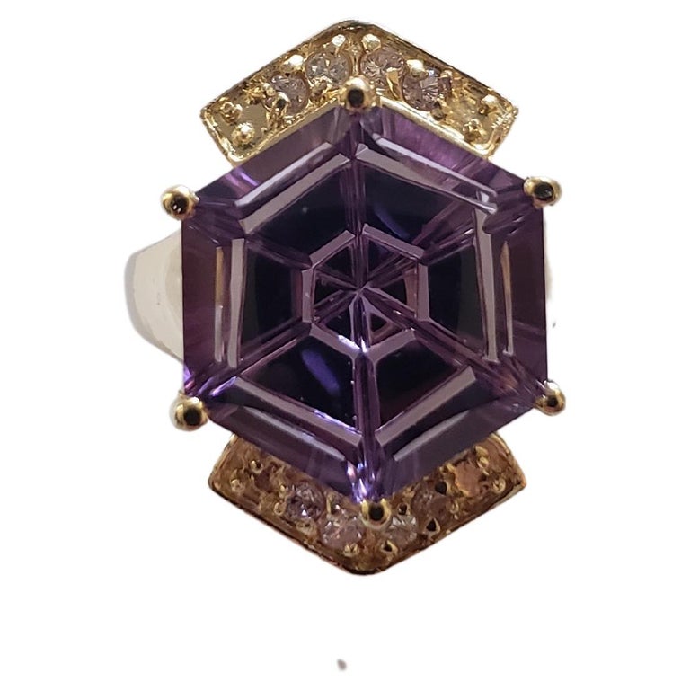 8 Ct. Natural Amethyst Fantasy Cut Ring with Diamonds in 14k Solid ...