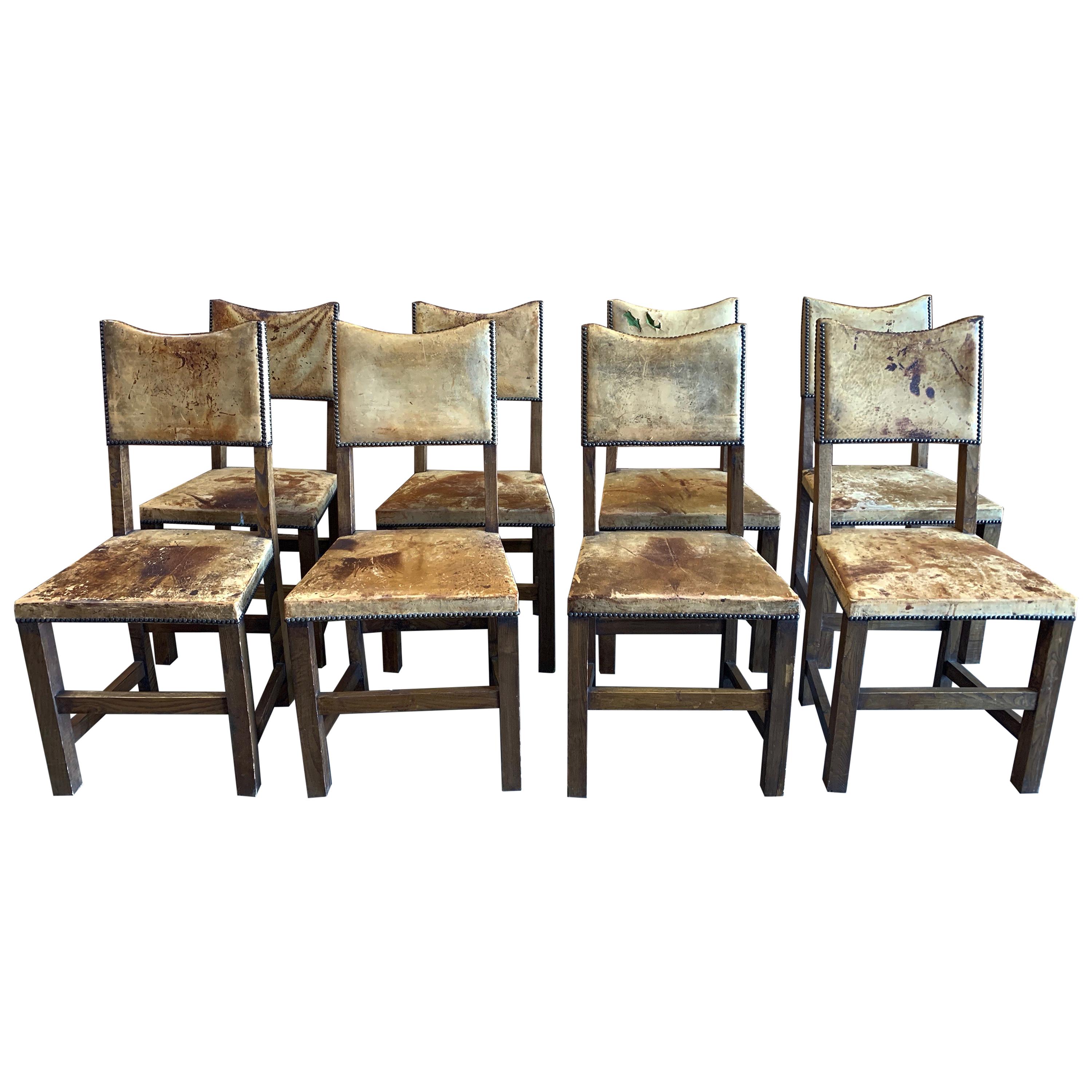 8 Distressed Leather Chairs with Studs For Sale at 1stDibs