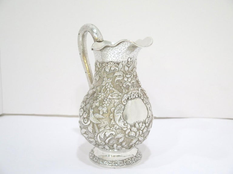 Coin Silver A. E. Warner Antique Birds Flowers Repousse Small Pitcher ...